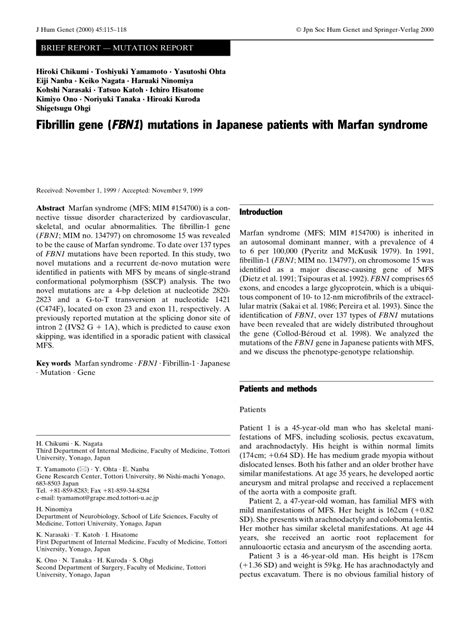 Pdf Fibrillin Gene Fbn1 Mutations In Japanese Patients With Marfan