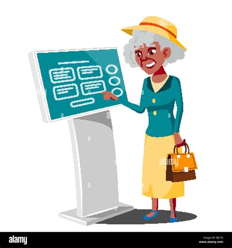 Old Woman Using Atm Machine Digital Terminal Vector Digital Kiosk Led Display Self Service