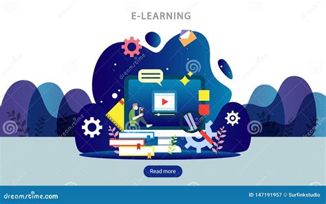 E Learning Concept With Computer Book And Tiny People Character In