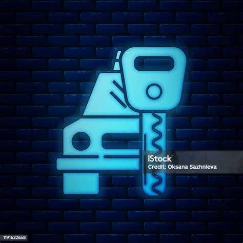 빛나는 네온 자동차 임대 아이콘 벽돌 벽 배경에 격리 자동차 표지판을 임대 자동차와 키 자동차 수리 서비스에 대한 개념 벡터