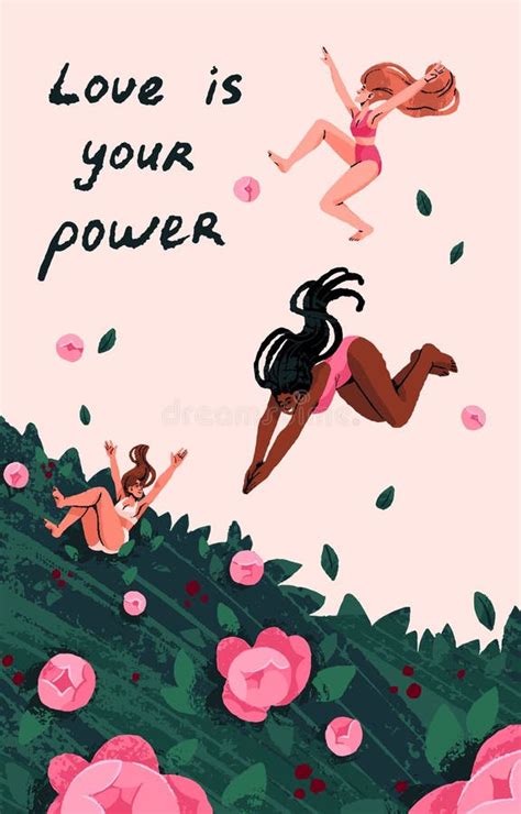 Love Yourself Motivation Concept Different Women Fly Jump On Flower