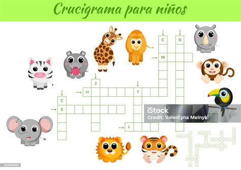 아이들을위한 크로스 워드 퍼즐 사진과 크로스 워드 퍼즐 게임 아이 활동 워크 시트 다채로운 인쇄 버전입니다 학습 스페인어 단어에 대한 교육 게임 벡터 스톡