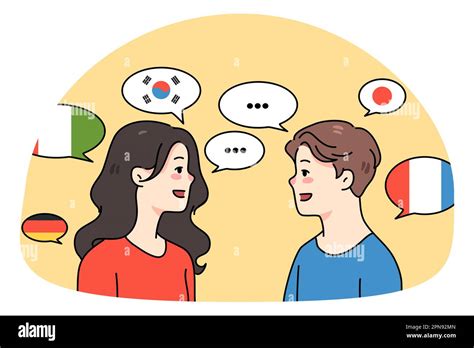 Diverse People Talk In Different Languages Smiling Multiethnic Man And Woman Speak Communicate