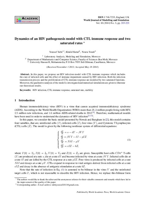 Pdf Dynamics Of An Hiv Pathogenesis Model With Ctl Immune Response