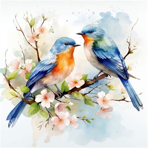 Watercolor Bird Illustration Bluebirds Floral Illustration Diy