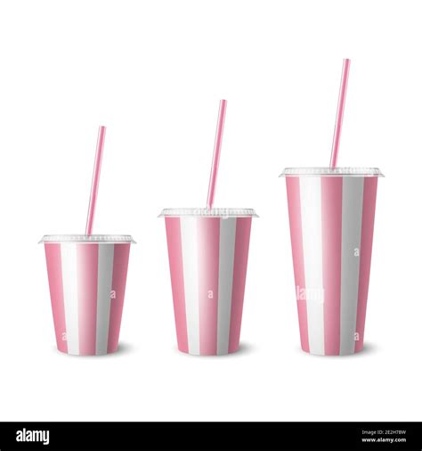Vector 3d Realistic White Pink Striped Paper Disposable Cup Set Lid