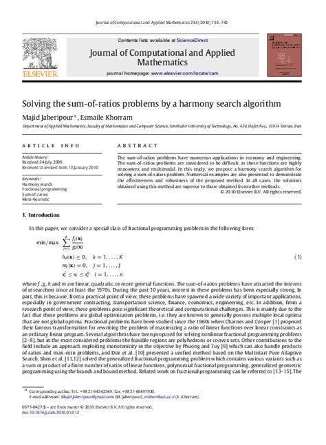 Pdf Solving The Sum Of Ratios Problems By A Harmony Search Algorithm