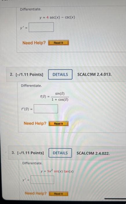 Solved Differentiate Y 4sec X −csc X Y′ 1 11 Points]