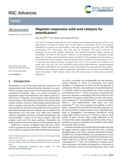 Pdf Magnetic Responsive Solid Acid Catalysts For Esterification