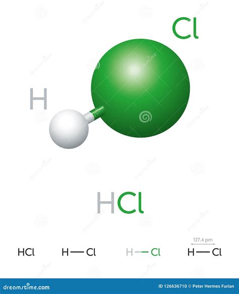 Hcl Hydrogen Chloride Molecule Model And Chemical Formula Stock Vector