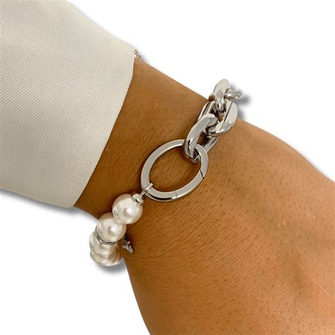 Rebecca Diva Silver Chunky Oval Link And Pearl Bracelet Bejeweled At Soul