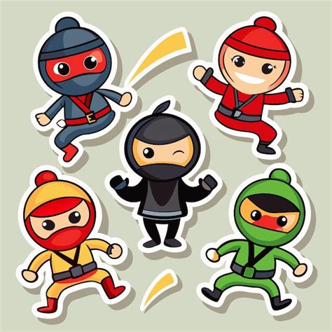 Five Cute Cartoon Ninjas In Different Colored Suits Premium Ai Generated Vector