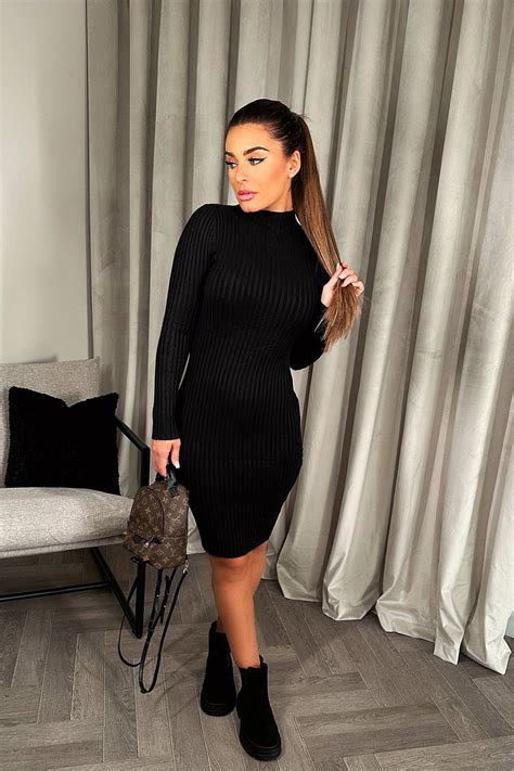 Knitted Jumper Dress With Long Sleeves Black Uk