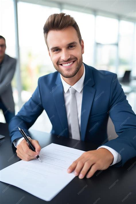Premium Photo A Man In A Suit With A Pen In His Hand Is Sitting At A
