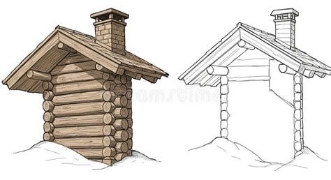 Log Cabin Illustrations Showing Two Perspectives On The Left A