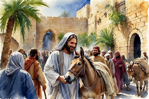 Jesús Entrando En Jerusalén En Un Burro Recibido Por La Multitud