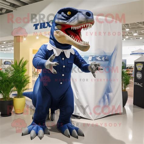 Navy T Rex Mascot Costume Character Dressed With A Maxi Skirt And