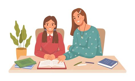 Mamá Ayuda A Su Hija Con La Tarea Vector Premium