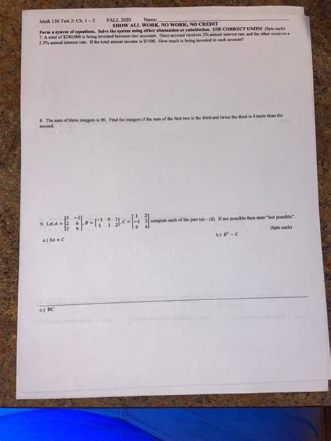 Math 130 Test 2 Ch 1 2 Fall 2020 Name Show All