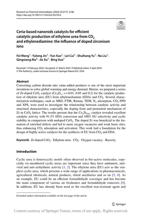 Ceria Based Nanorods Catalysts For Efficient Catalytic Production Of Ethylene Urea From Co2 And
