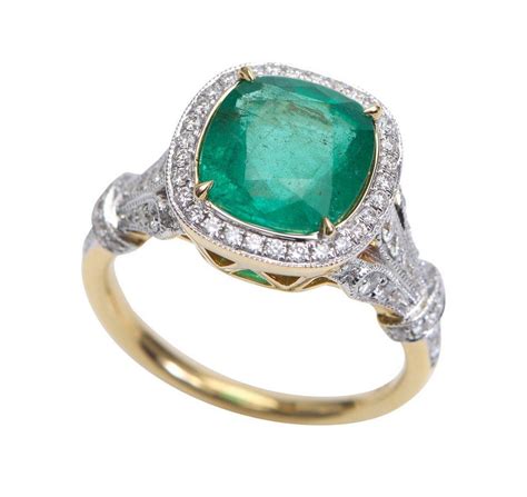 Cushion Cut Emerald And Diamond Ring In 18ct Gold Rings Jewellery