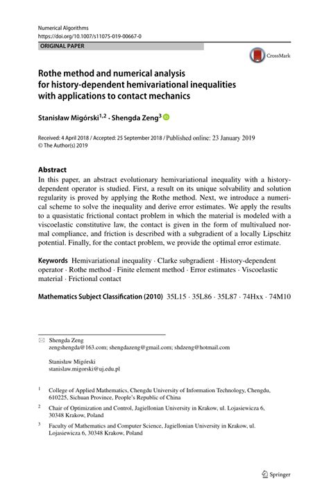 Pdf Rothe Method And Numerical Analysis For History Dependent Hemivariational Inequalities