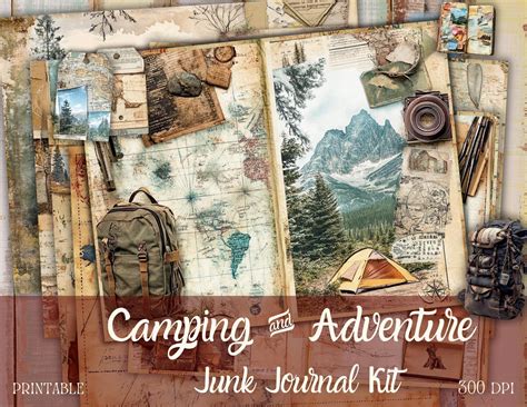 Camping Junk Journal Kit Digital Scrapbook Paper Kit Travel Printable
