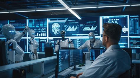 scientists collaborating with advanced humanoid robots in a high tech