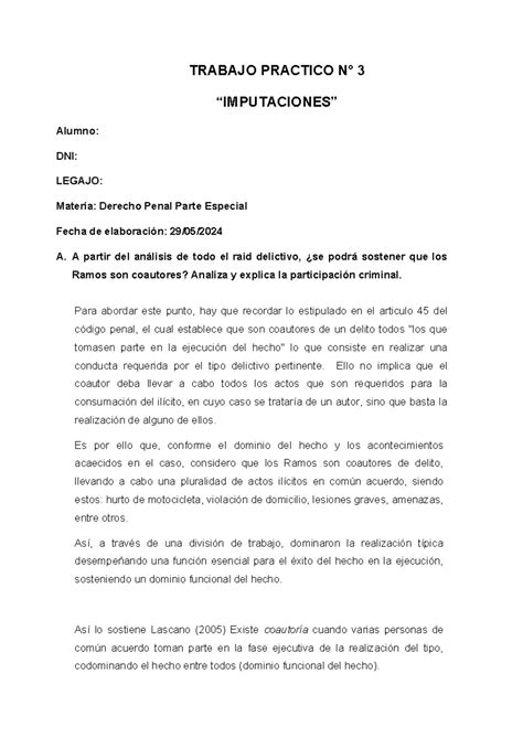 Trabajo Practico N° 3 Derecho Penal Parte Especial Trabajo Practico N
