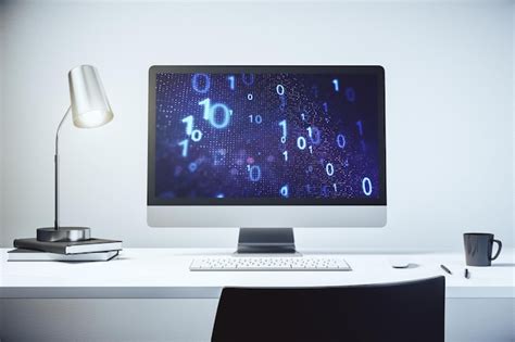 Premium Photo Modern Computer Monitor With Creative Abstract Binary Code Hologram Database And