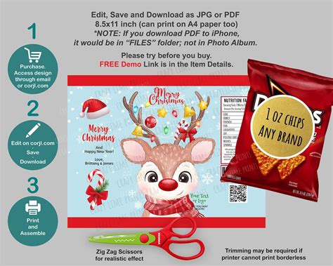 Editable Christmas Chip Bag Wrapper Template Personalised Holiday Party Favors Treat Cute