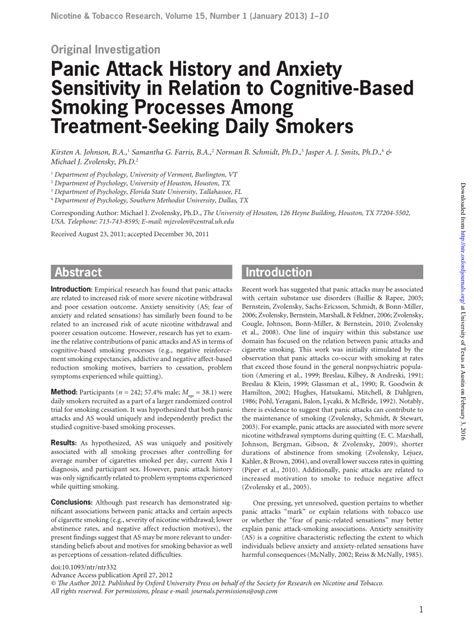 Pdf Panic Attack History And Anxiety Sensitivity In Relation To Cognitive Based Smoking
