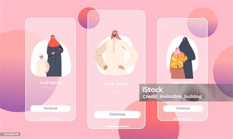 전통적인 아랍 가족 모바일 앱 페이지 온보드 스크린 템플릿 사우디 국민 부모 및 어린이 캐릭터 아라비아에 대한 스톡 벡터 아트 및 기타 이미지 Istock