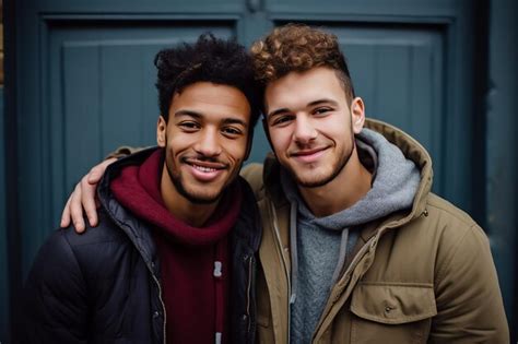 Deux Jeunes Gays Qui Sembrassent Dans La Rue Photo Premium