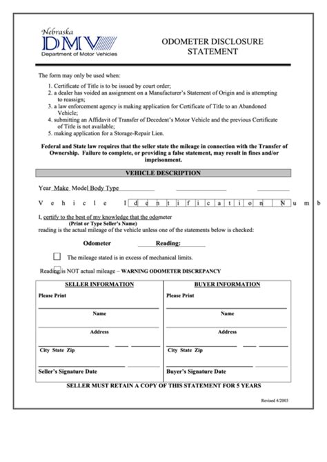 Odometer Disclosure Statement Printable Pdf Download