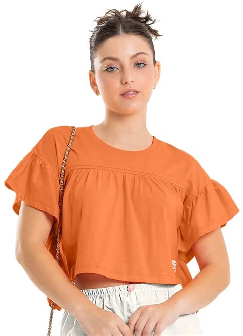 Blusa Cropped Com Babados Laranja Gloss