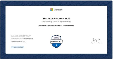 Earned Ai 900 Certification On Microsoft Azure Mohan Teja Tellakula