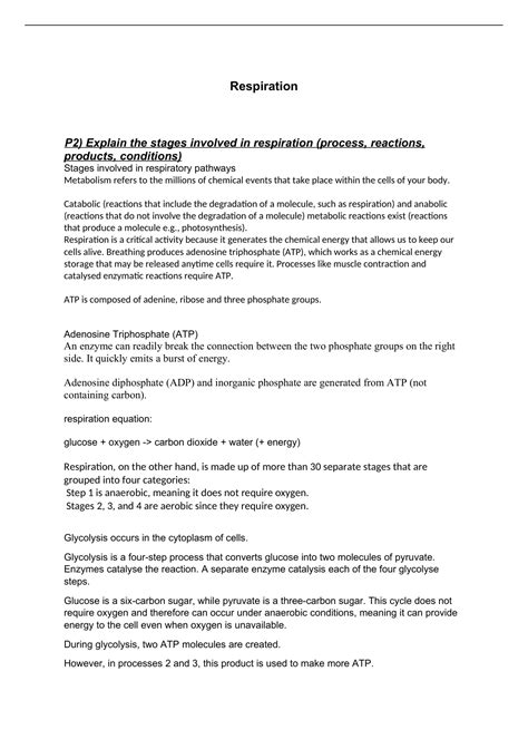Summary Btec Level 3 Applied Science Unit 10 Respiration Btec Level
