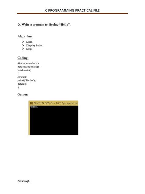 C Programming Practical File Q Write A Program To Display Hello