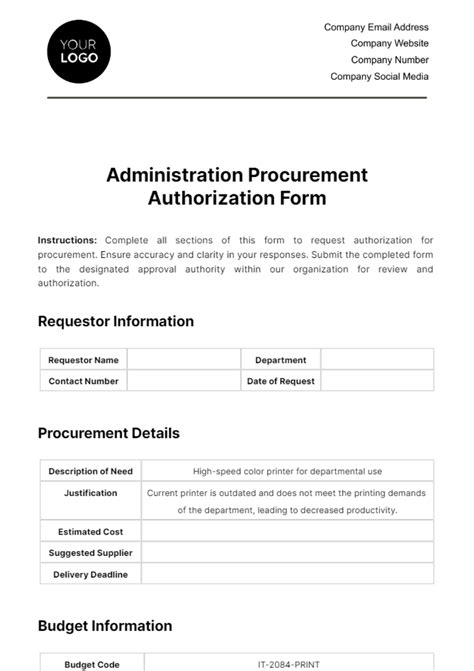 Free Administration Procurement Authorization Form Template To Edit Online