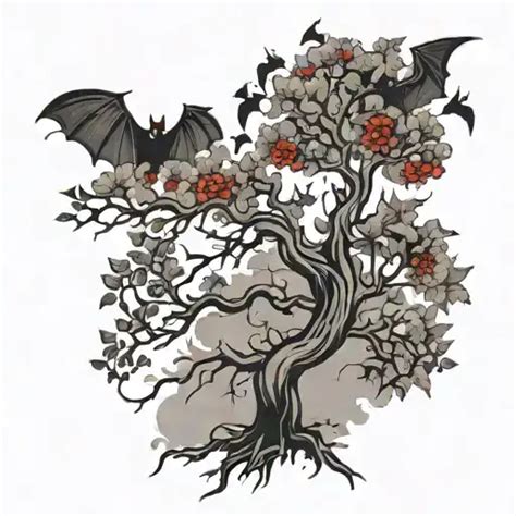 Red Poison Tree With Black Bats Flying Temporary Tattoo Blackink Ai