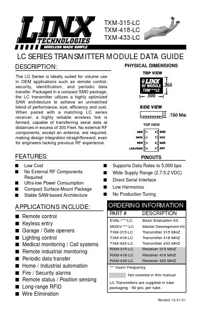 Txm 315 Lc Datasheet Transmitter Module Data Guide Linx Technologies