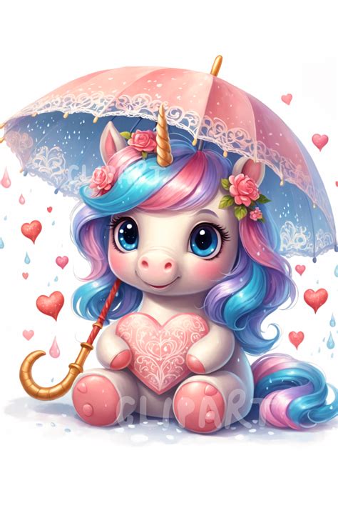 Adorable Unicorn With Heart And Pink Umbrella Clipart In 2025 Cute