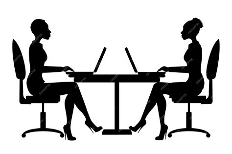 아프리카계 미국인 사무실 노동자 실루 또는 테이블에 앉아있는 사업가 여성 노트북에서 일하고 색 배경에 고립되어 만화 터 일러스트레이션 프리미엄 벡터