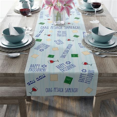 Happy Passover Table Runner For Pesach Seder With Matzo Wine Hebrew