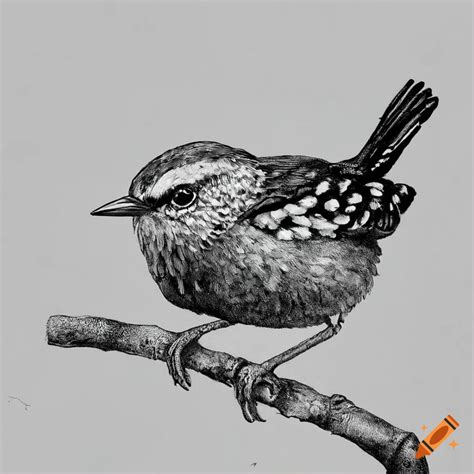 Black And White Drawing Of A Wren Bird Perched On A Branch