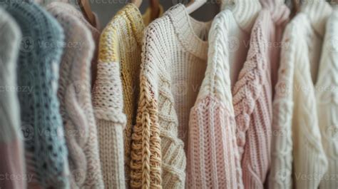 Bunch Of Knitted Warm Pastel Color Sweaters With Different Vertical