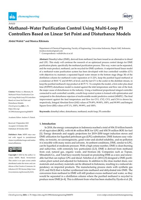 Pdf Methanolwater Purification Control Using Multi Loop Pi