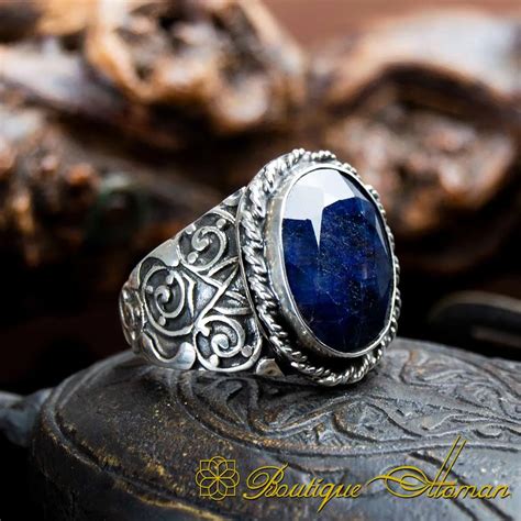Blue Sapphire Hand Made Silver Men Ring Boutique Ottoman Exclusive