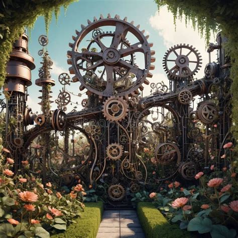 An Intricate Steampunk Garden Scene Features A Large Assembly Of Interconnected Bronze And